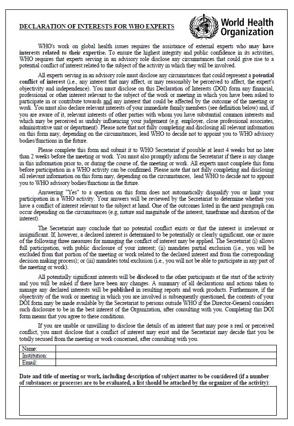Declaration of interests for WHO experts