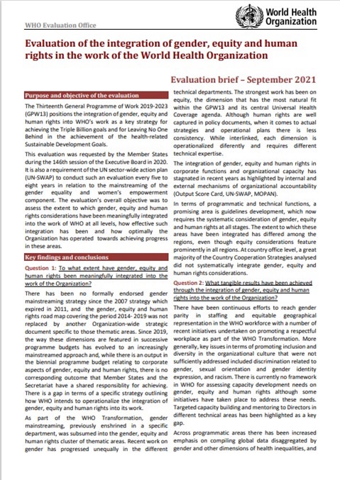 Evaluation of the integration of gender, equity and human rights in the ...